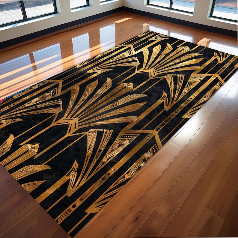 Gold Art Deco Rug: Black Line Velvet Area Rug, Art Deco Gold Rug, Art ...