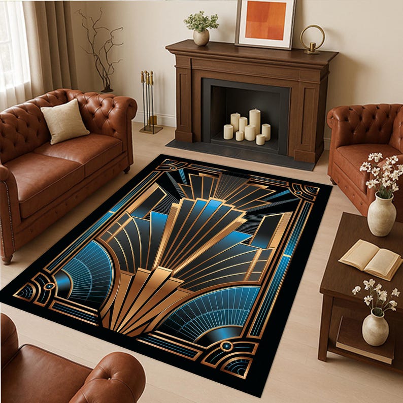Art Deco Geometric Rug: Black, Gold & Blue Velvet Carpet - Etsy