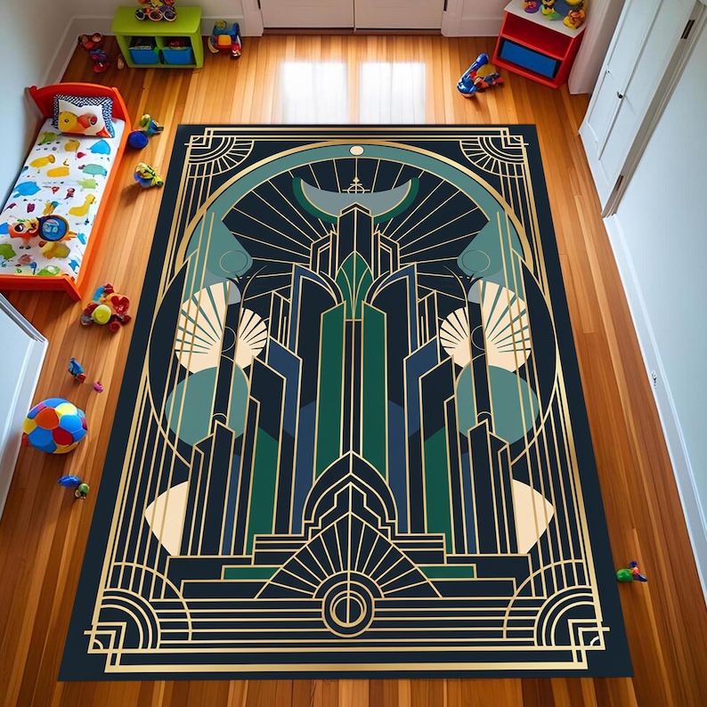 Geometric Art Deco Rug: Black, Gold & Green Gatsby Glamour - Etsy