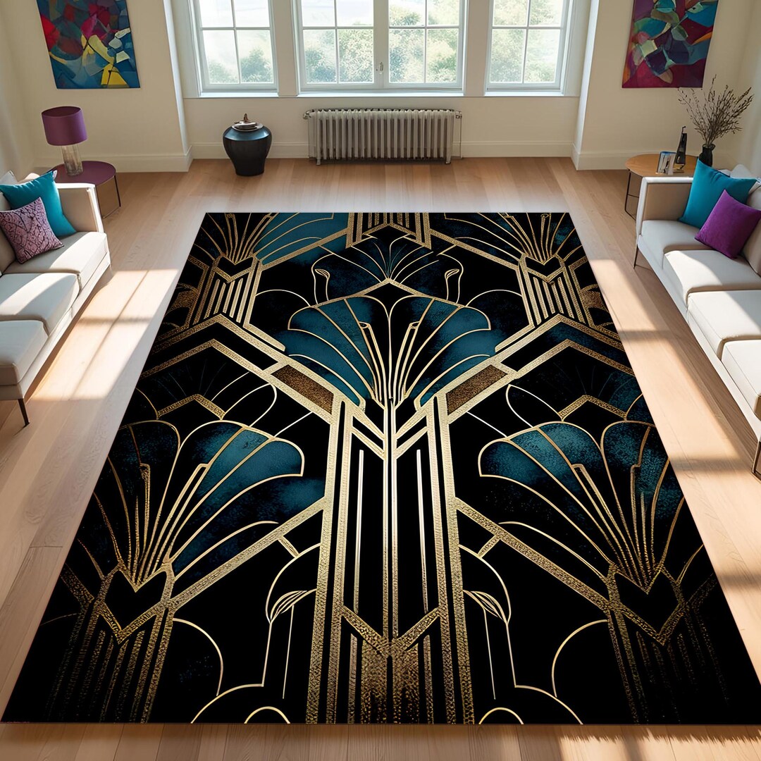 Black & Gold Art Deco Rug: Modern Geometric Area Rug, Art Deco Navy Rug ...