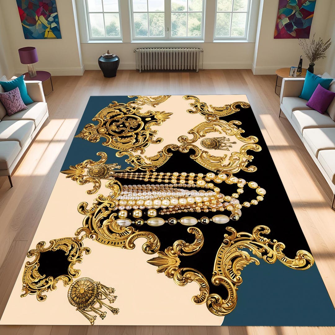 Baroque Area Rug: Black and Beige Carpet With Gold Ornamental Pearl ...