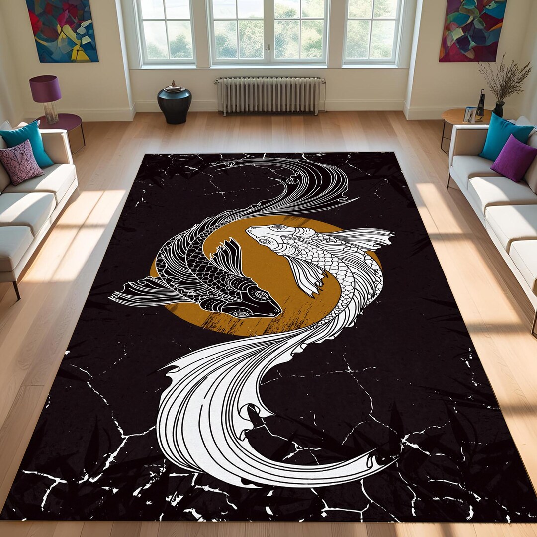 Yin Yang Koi Fish Rug: Black and Gold Carp Design, Zen Decor - Etsy