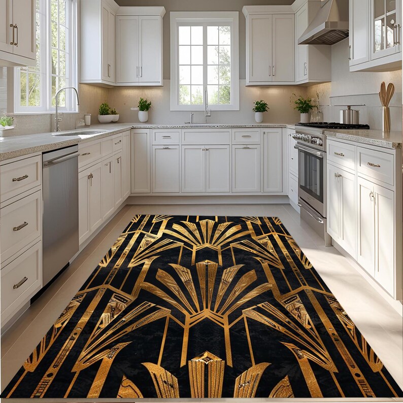 Gold Art Deco Rug: Black Line Velvet Area Rug, Art Deco Gold Rug, Art ...