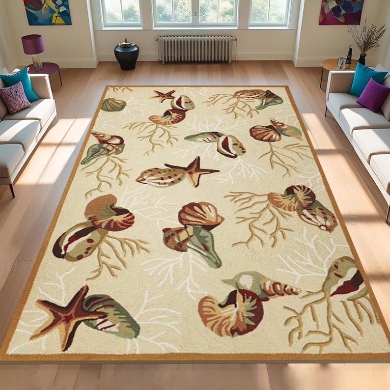 Coastal Sea Area Rug, Seashell and Starfish Pattern Carpet, Beach Style ...