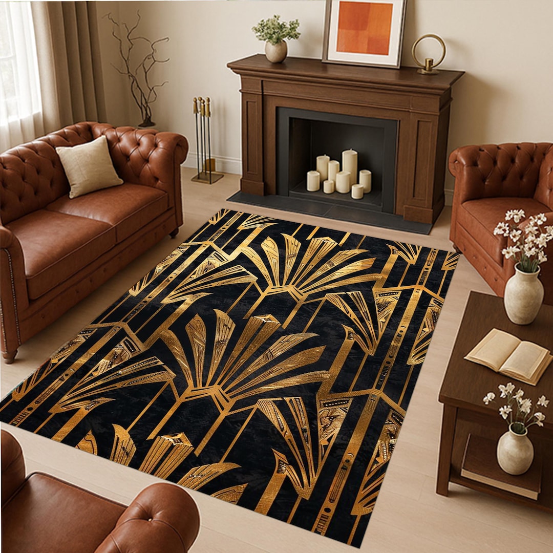Gold Art Deco Rug: Black Line Velvet Area Rug, Art Deco Gold Rug, Art ...
