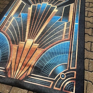 Art Deco Geometric Rug: Black, Gold & Blue Velvet Carpet - Etsy