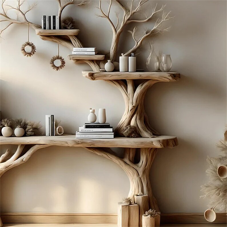 Rustic Console Table With Twig Bookshelf | Handmade Natural Wood ...