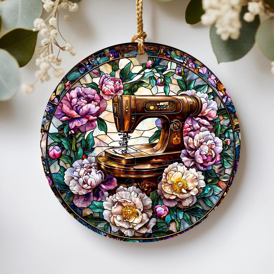 Sewing Machine Stained Glass Suncatcher, Floral Round Hanging Window ...