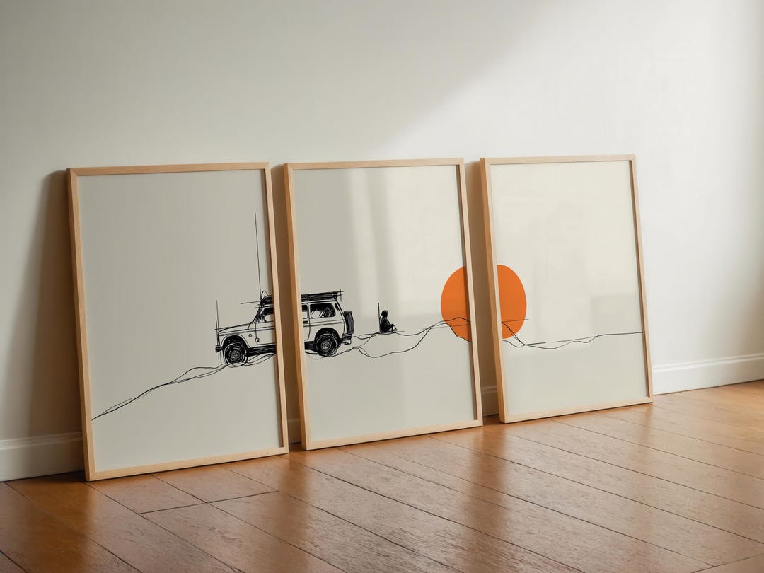 Camping Triptych — Desert Line Art With Orange Sunset & 4x4, Minimalist ...