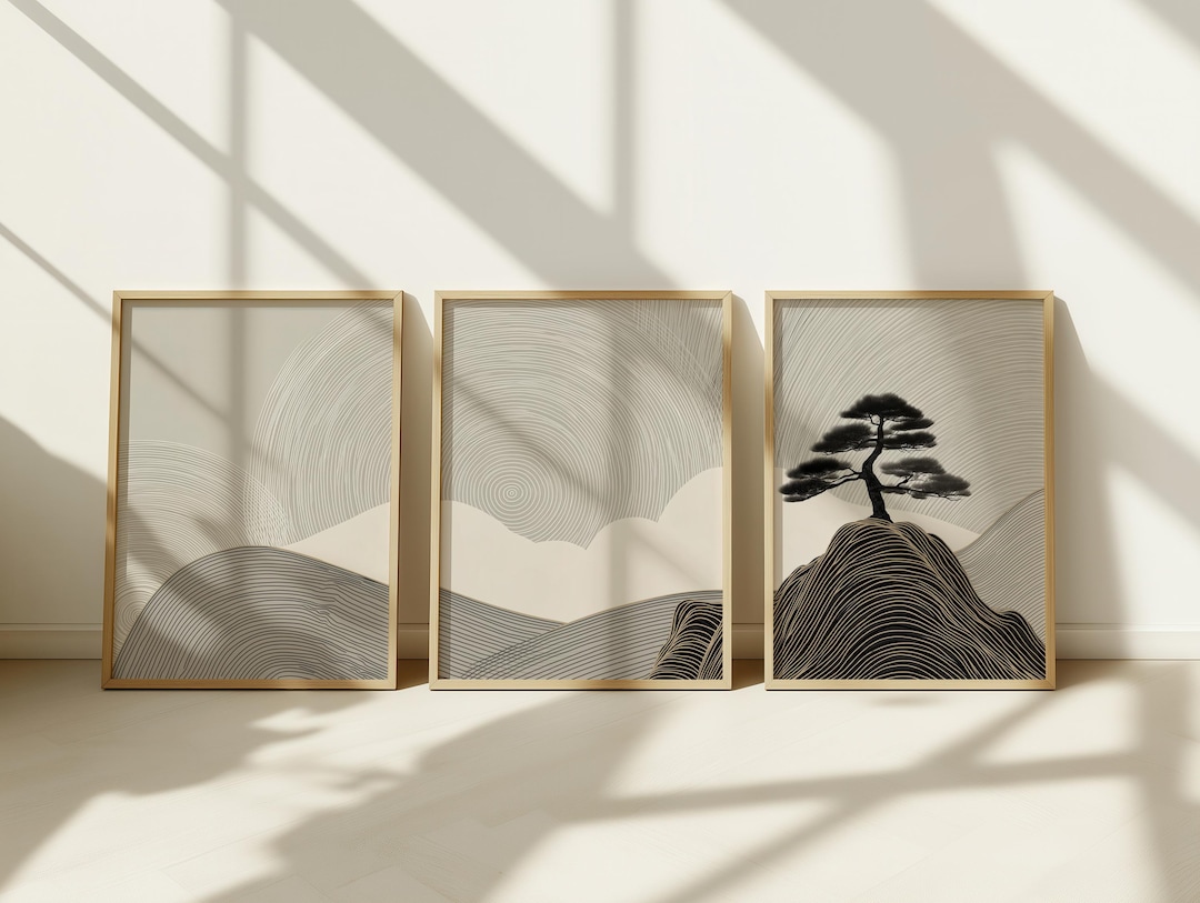 Zen Line Art Triptych: Minimalist Waves & Bonsai (digital Download) - Etsy