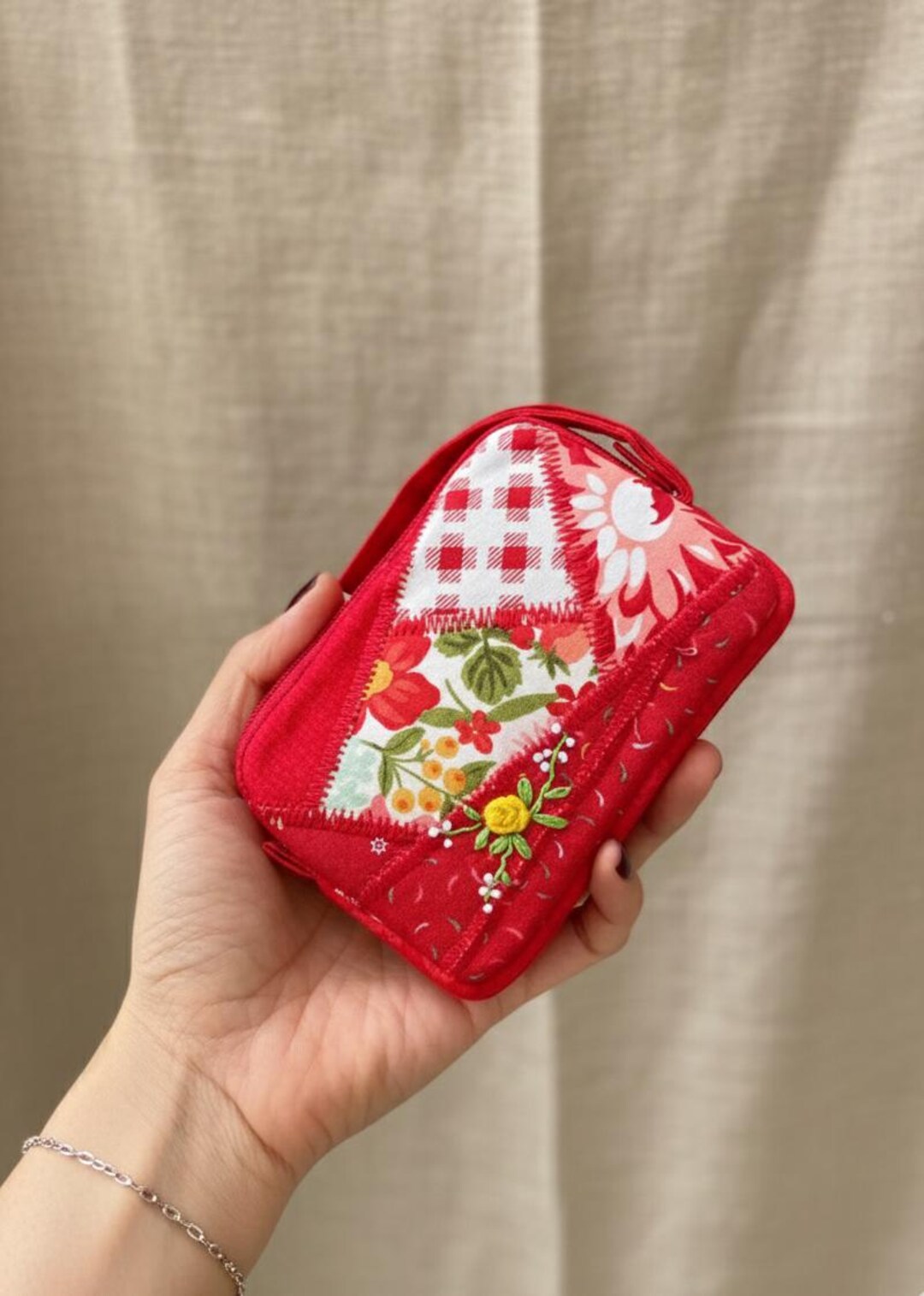 Handmade Red Quilted Coin Purse, Embroidered Floral Patchwork Wristlet ...