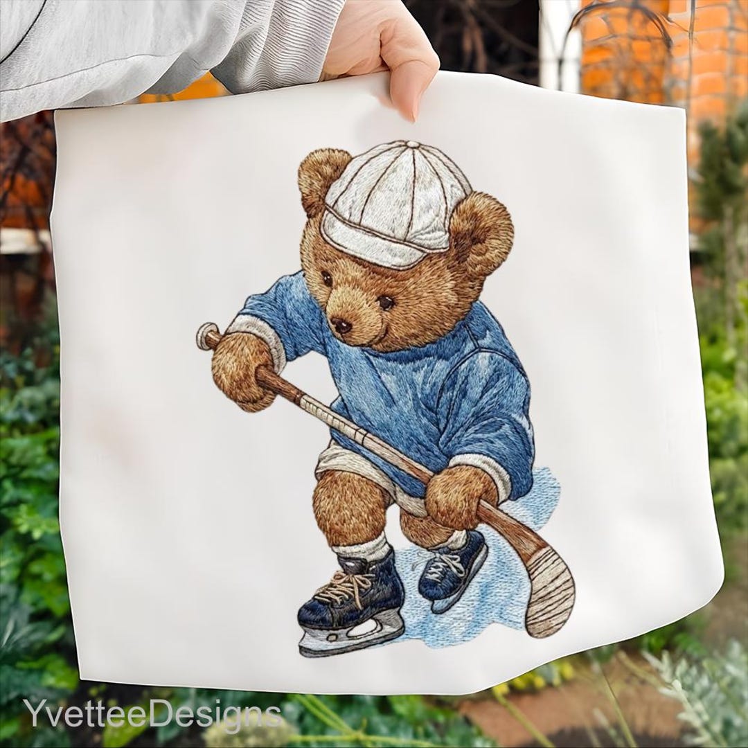 Teddy Bear Hockey Embroidery Design, Cute Bear Playing Ice Hockey ...