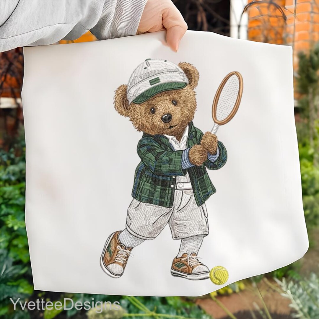 Teddy Bear Tennis Embroidery Design, Cute Bear Playing Tennis Machine ...