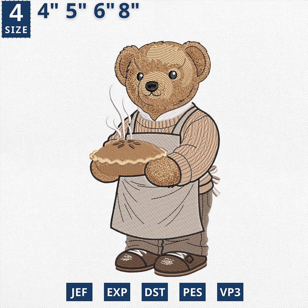 Teddy Bear Baker Embroidery Design, Baking and Cooking Bear Embroidery ...
