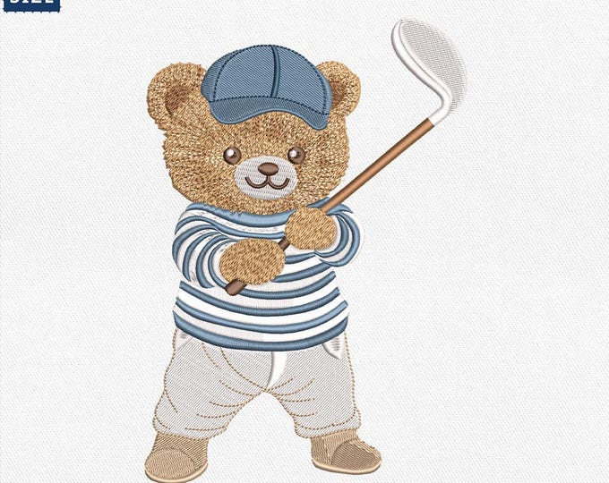 Golf Teddy Bear Embroidery Design, Cute Bear Playing Golf Embroidery ...