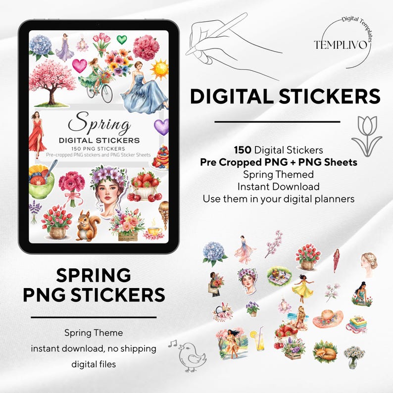 Digital Stickers - Spring, 150 Watercolor PNG Planner Stickers ...