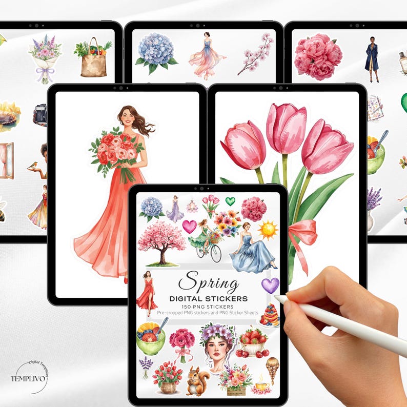 Digital Stickers - Spring, 150 Watercolor PNG Planner Stickers ...