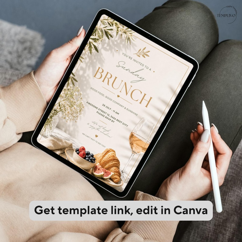 Brunch Invitation, Canva Template, Editable Beige Croissant Invite ...