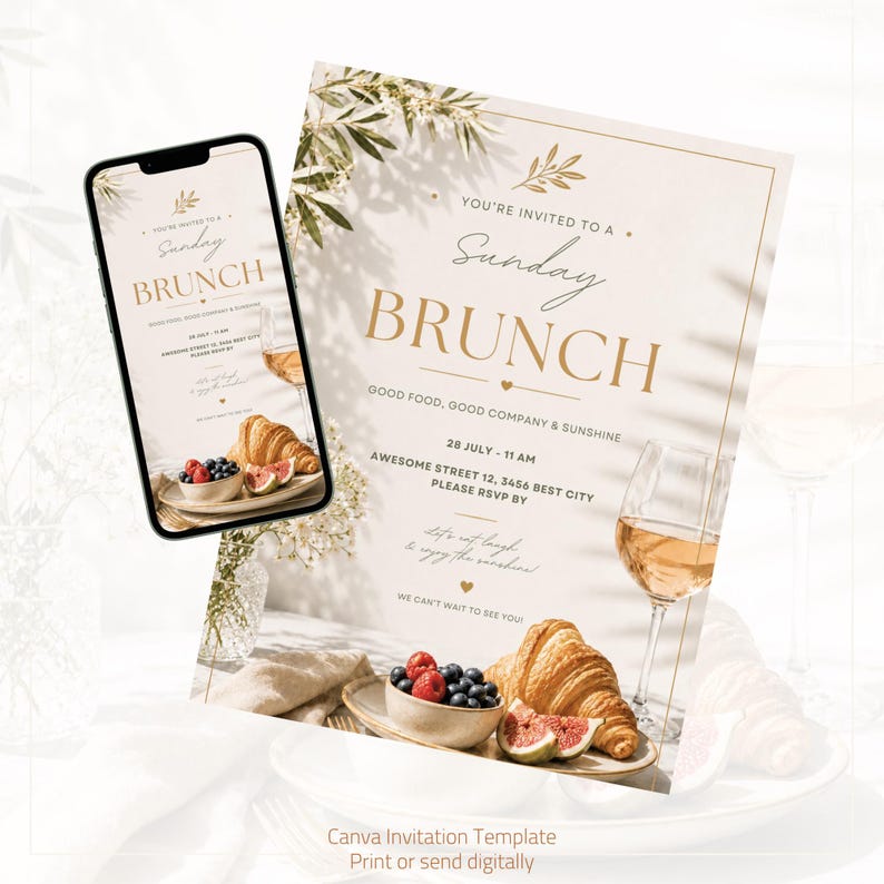 Brunch Invitation, Canva Template, Editable Beige Croissant Invite ...