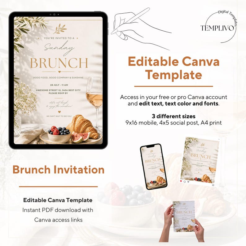 Brunch Invitation, Canva Template, Editable Beige Croissant Invite ...