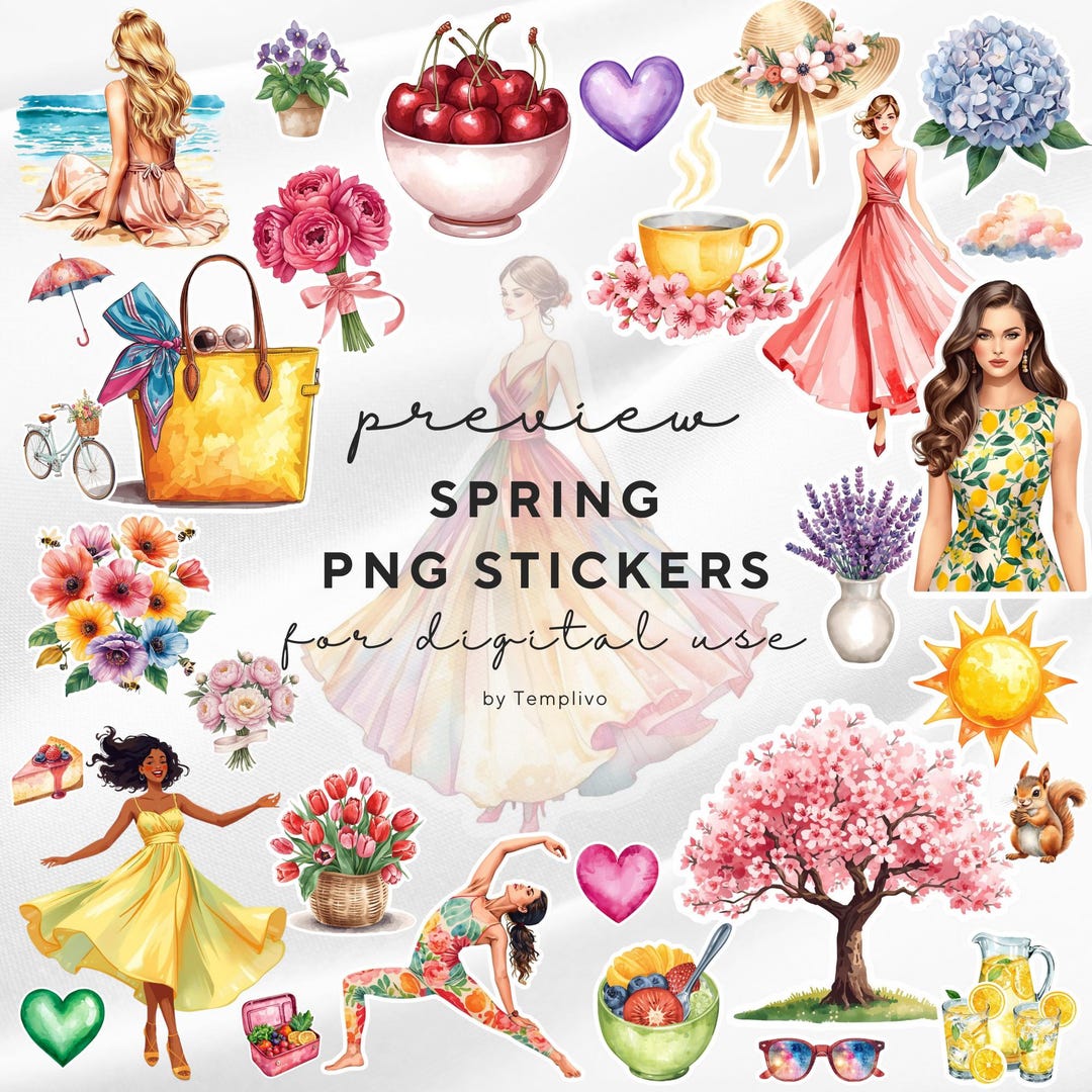 Digital Stickers - Spring, 150 Watercolor PNG Planner Stickers ...