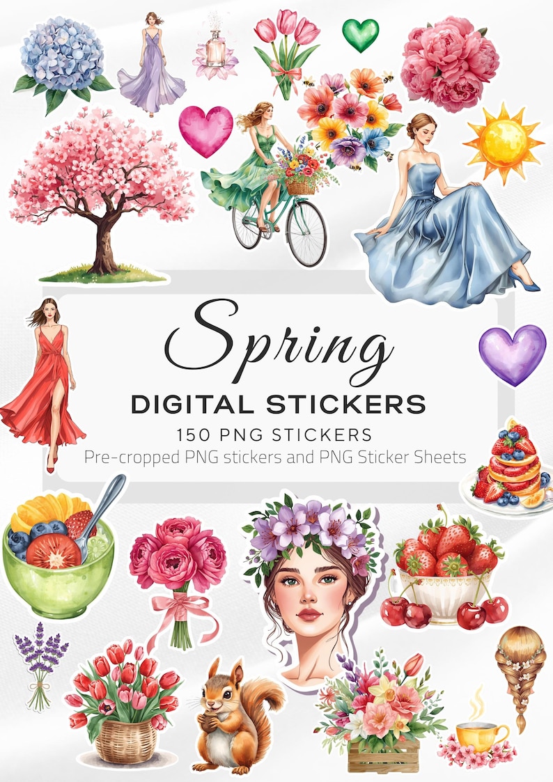 Digital Stickers - Spring, 150 Watercolor PNG Planner Stickers ...