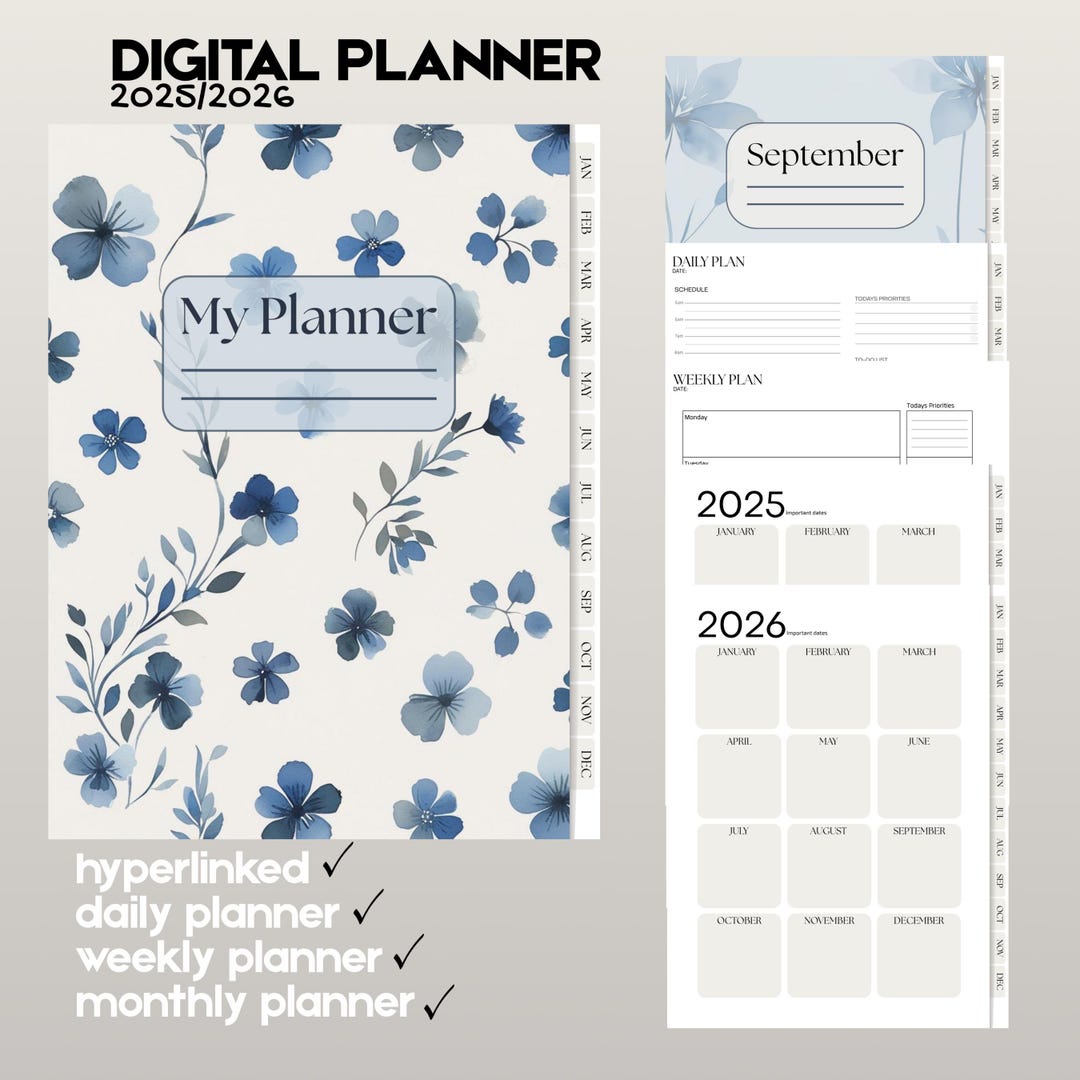 Yearly Digital Planner Floral Blue - Etsy