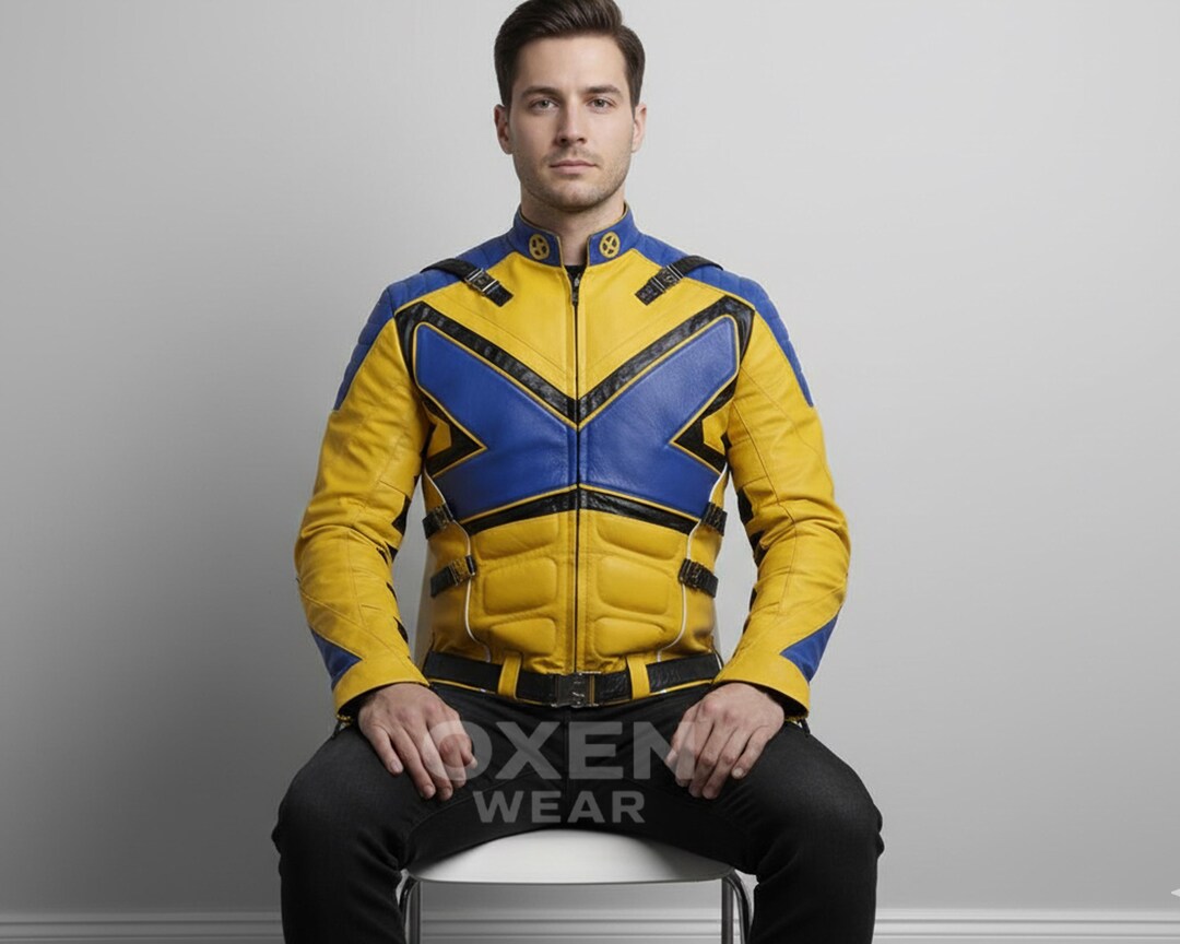 Wolverine Inspired Yellow & Blue Leather Jacket for Men – Superhero ...