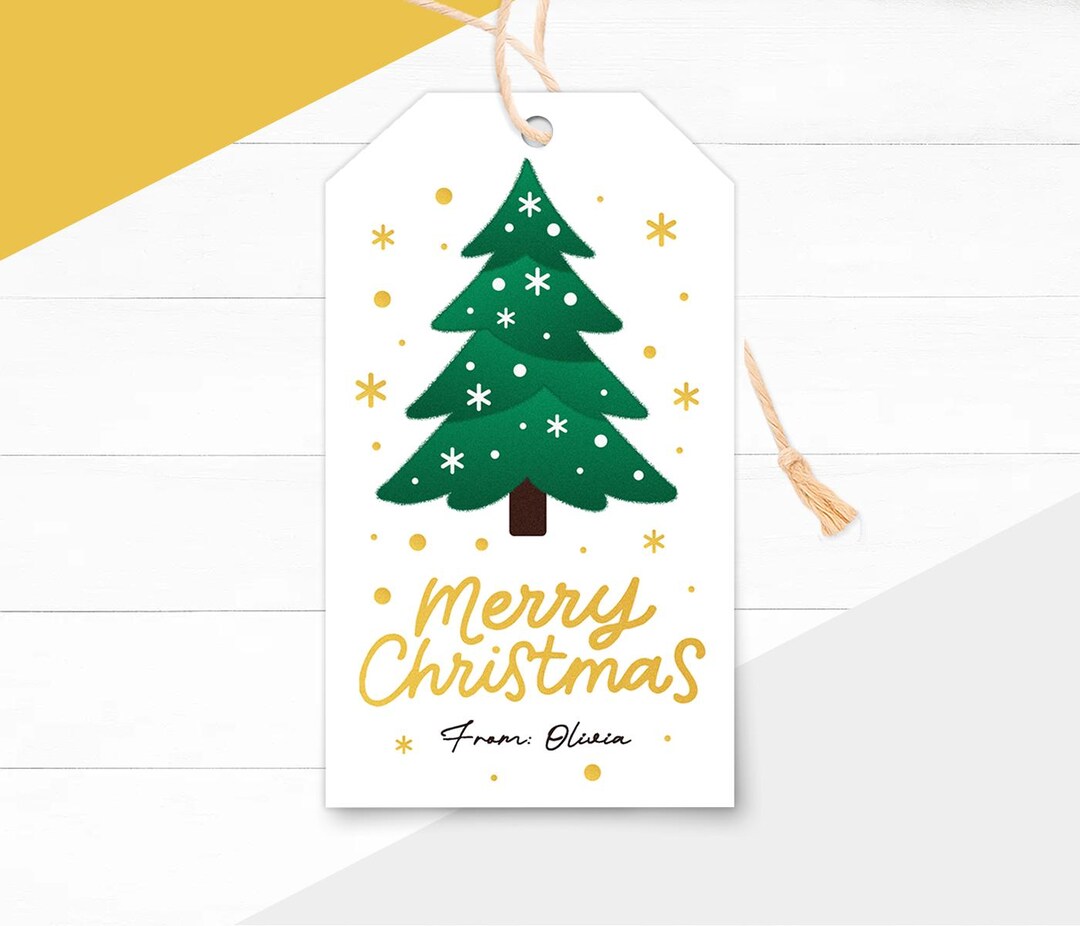 Printable Christmas Tree Gift Tags: Gold Holiday Favor Label (instant ...