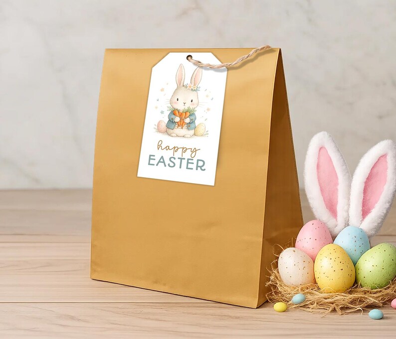 Vintage Bunny Easter Gift Tag Printable, Rustic Carrot Basket Label ...