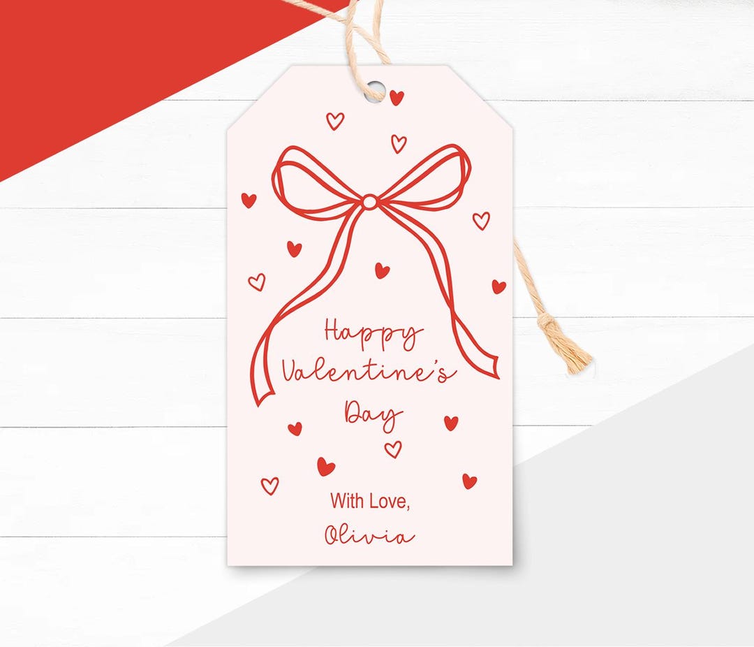 Pink Bow Valentine Gift Tags Printable: Valentines Tag, Red Bow Heart ...