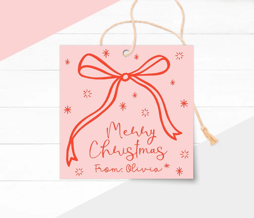 Printable Pink Christmas Gift Tags: Red Bow Xmas Favor Labels, Cookies ...