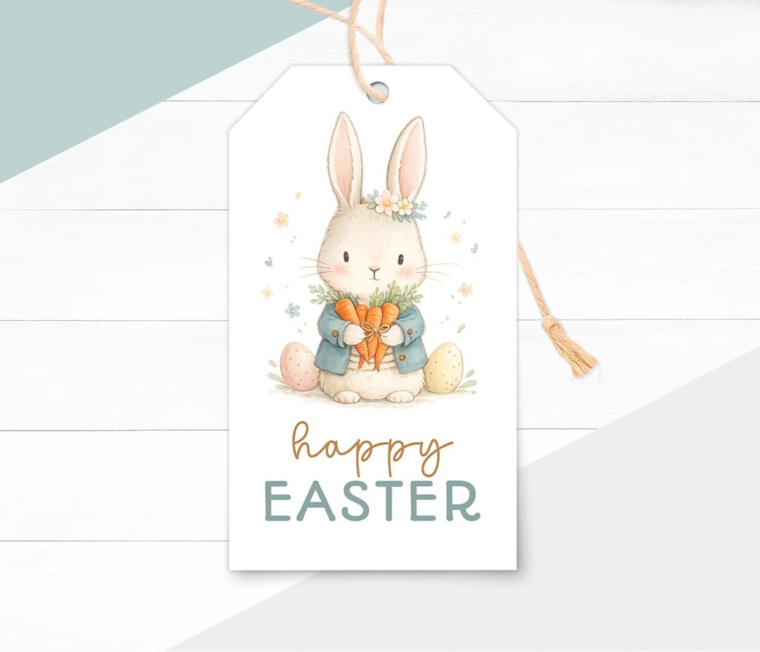 Vintage Bunny Easter Gift Tag Printable, Rustic Carrot Basket Label ...
