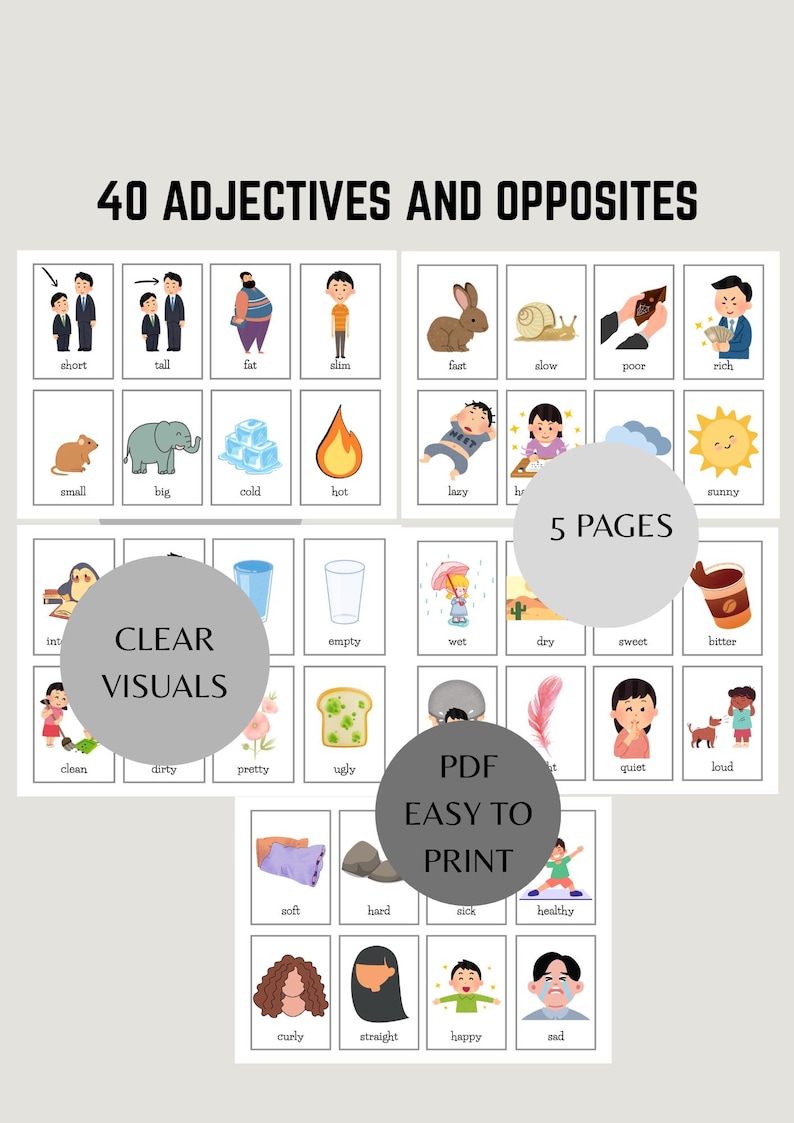 Adjectives Opposites Flashcards | 40 Printable Cards for Kids | ESL ...