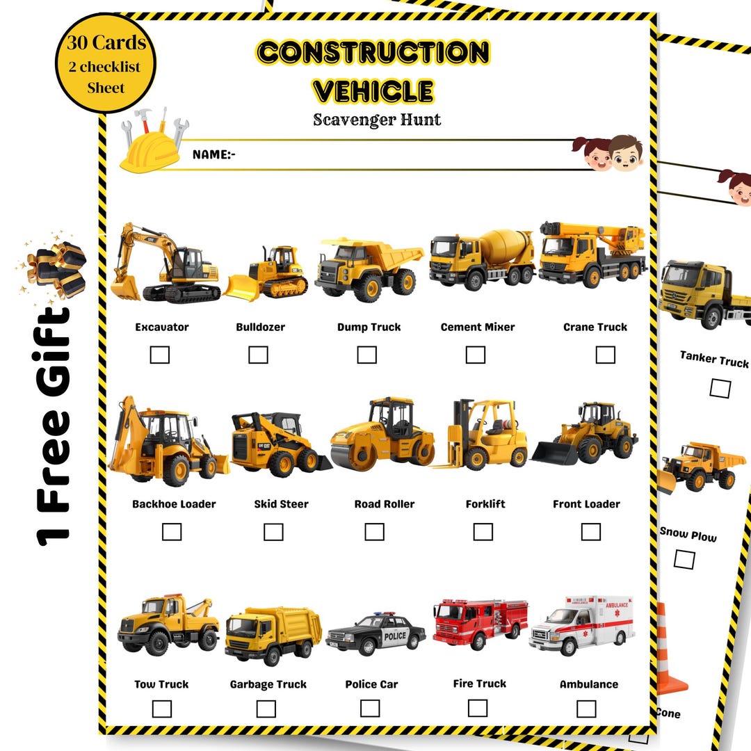 Construction Vehicle Scavenger Hunt Printable, Kids Birthday Party Game ...