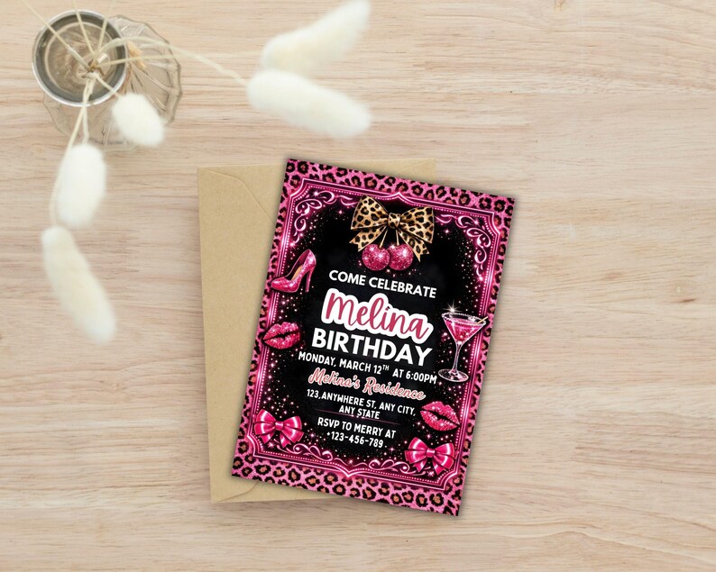 Pink Leopard Birthday Invitation | Coquette Bow Party, 5x7 (digital ...