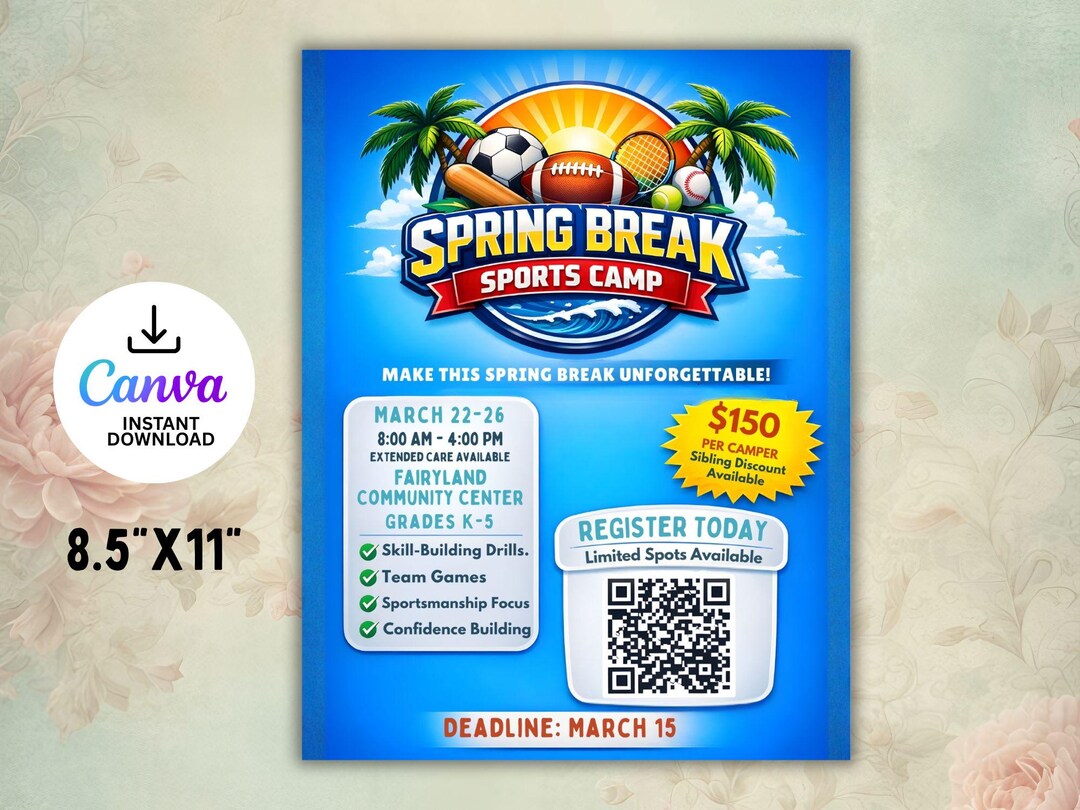 Spring Break Sports Camp Flyer Template | Youth Multi-sport Event ...