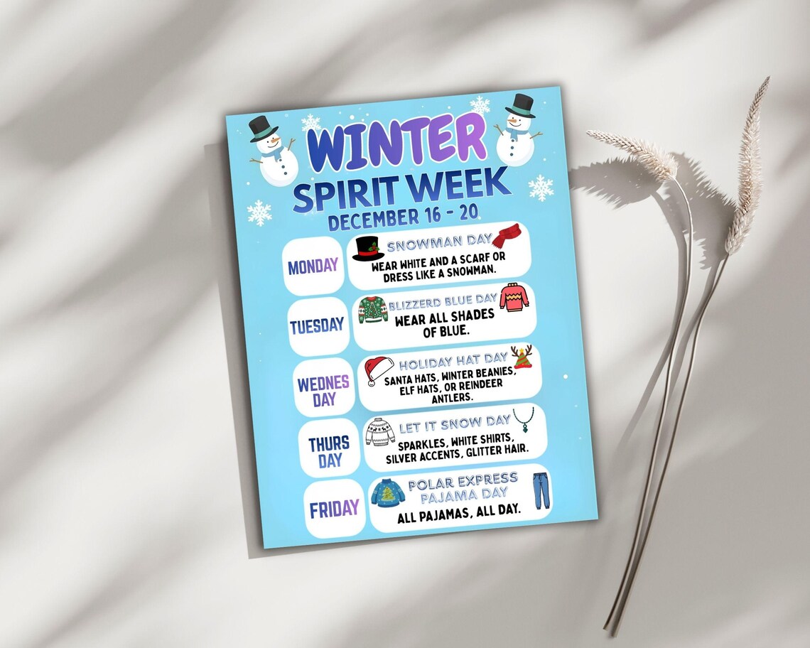 Customizable Winter School Spirit Week Flyer, Customizable Holiday ...