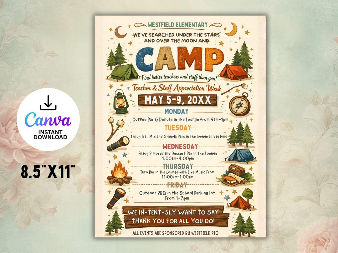 Editable Camp Theme Teacher & Staff Appreciation Day Camping Itinerary ...