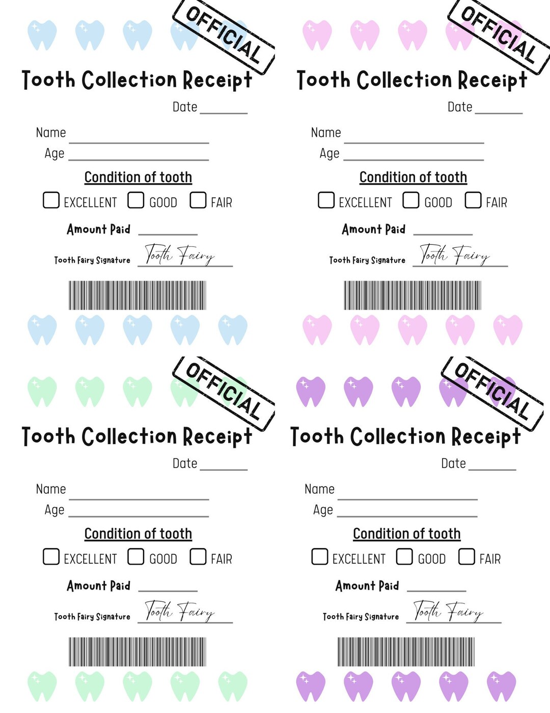Tooth Collection Receipt From Tooth Fairy Instant Download Printable ...