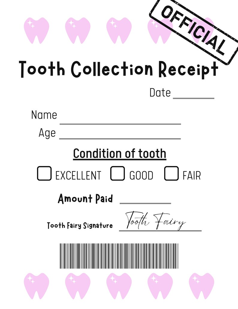 Tooth Collection Receipt From Tooth Fairy Instant Download - Etsy