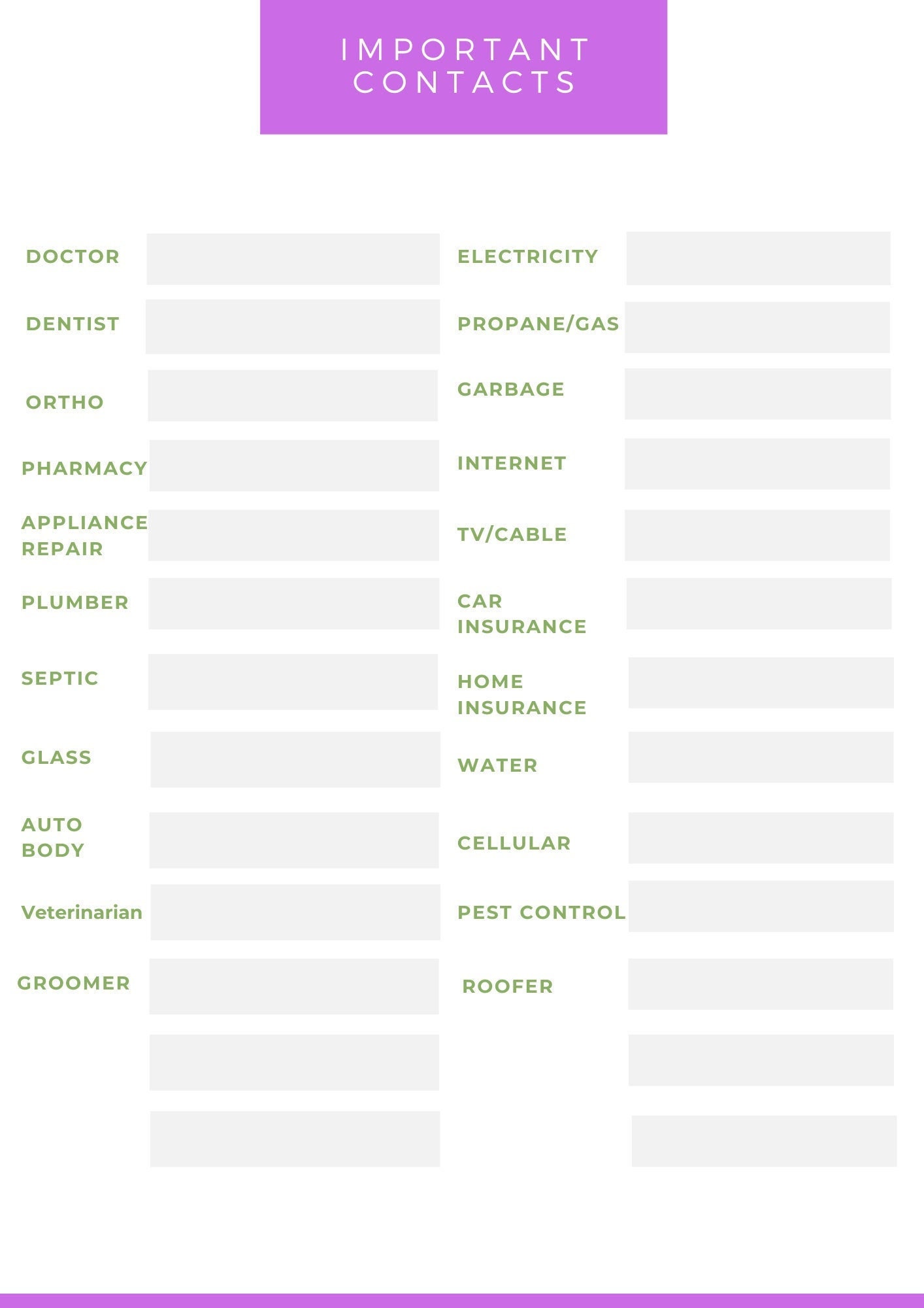 Important Contacts List-printable-emergency Contacts-family Binder Printable - Etsy