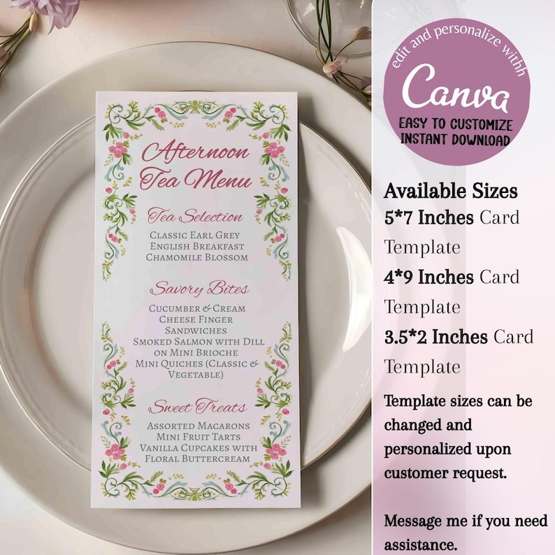 Afternoon Tea Party Menu Template, Floral Tea Party Menu Card ...