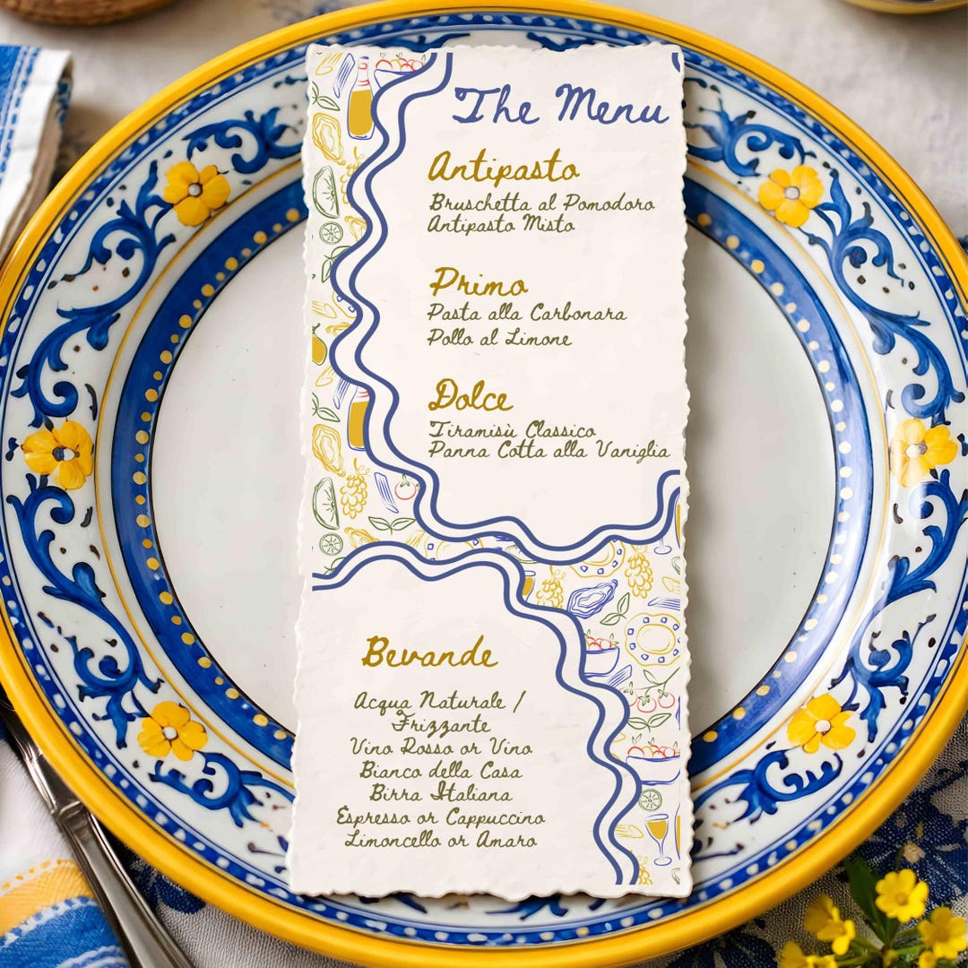 Italian Summer Dinner Menu Card Template, Mediterranean Wedding Menu ...