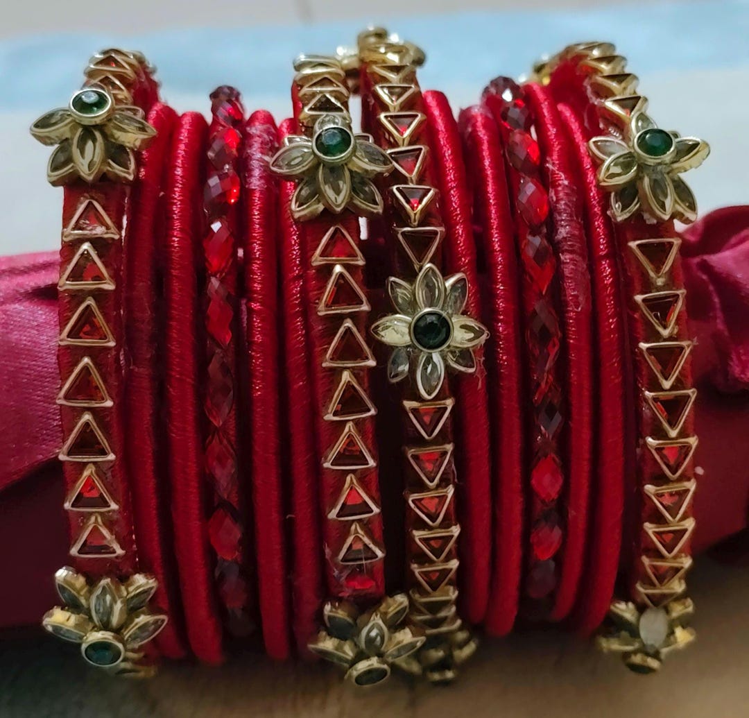 Red Silk Thread Bangle Set With Floral Stone Charms - Etsy