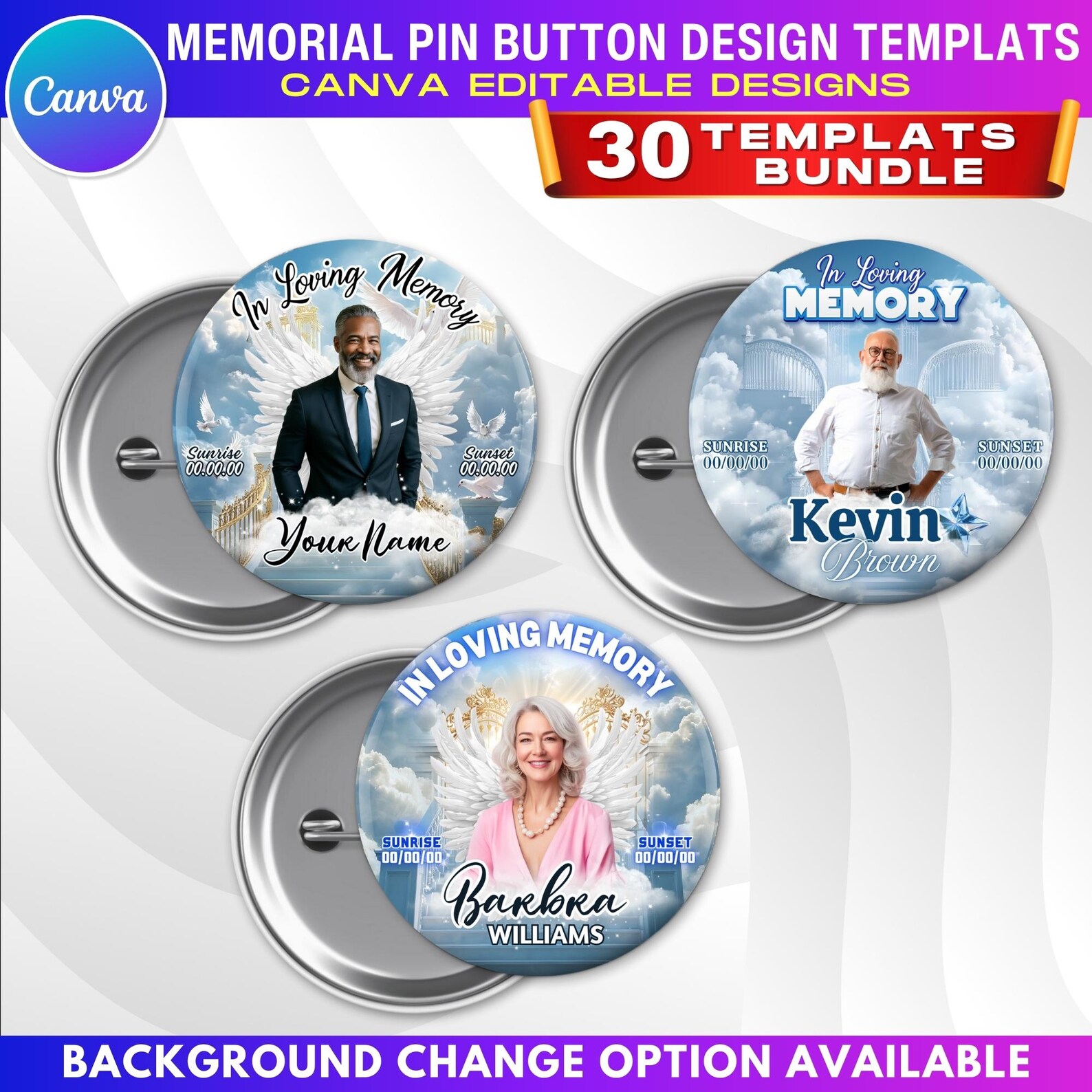 30x Memorial Blue Pin Button Templates Bundle | Editable Canva Funeral ...