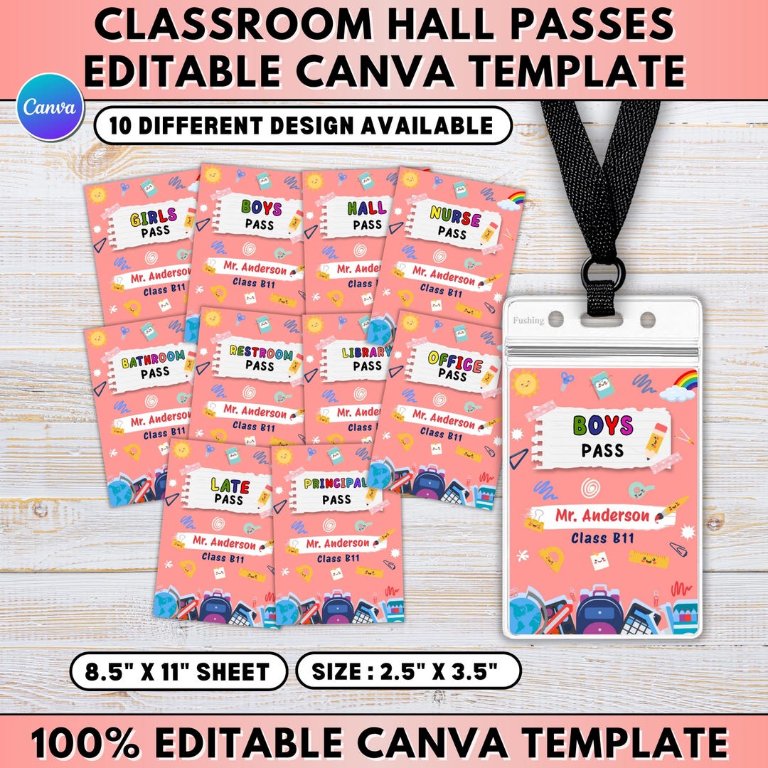 10x Classroom Hall Pass Canva Template Bundle, Editable Teacher Passes ...
