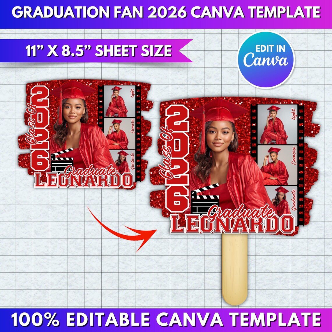 Graduation Fan 2026 Design | "lights, Camera, Graduate" Editable Canva ...