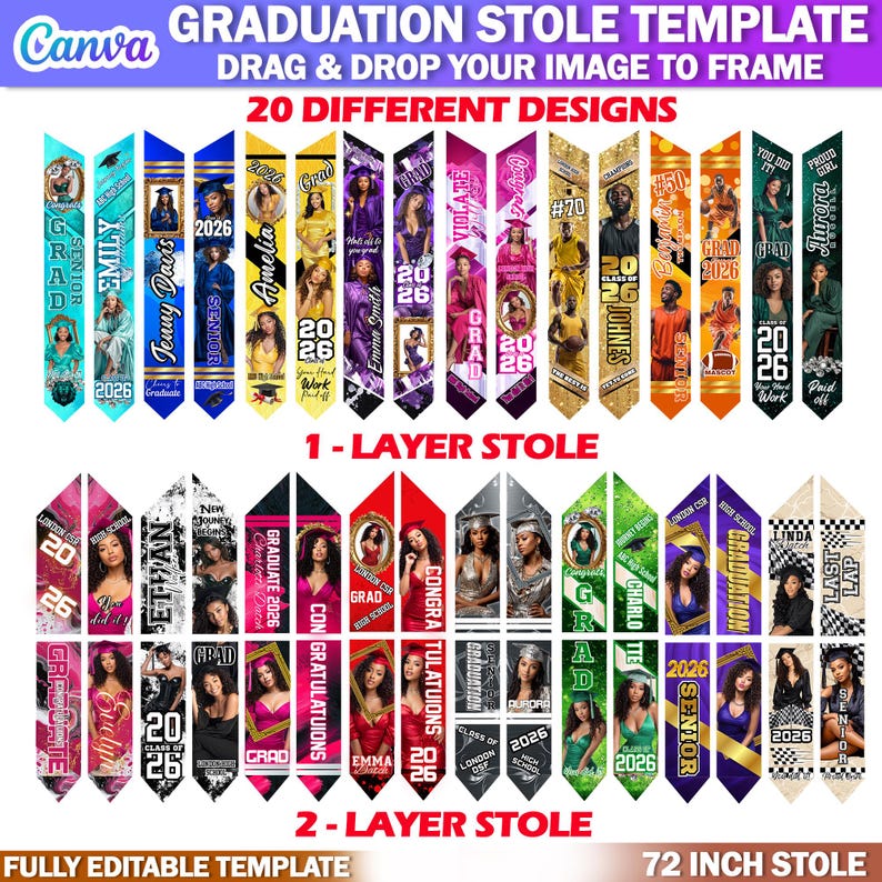 20x Graduation Stole Canva Editable Template Bundle, Graduation Sash ...