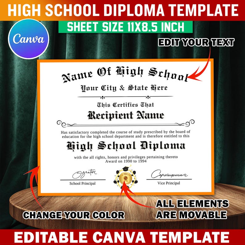 Editable High School Diploma Template | Graduation Certificate Replica ...